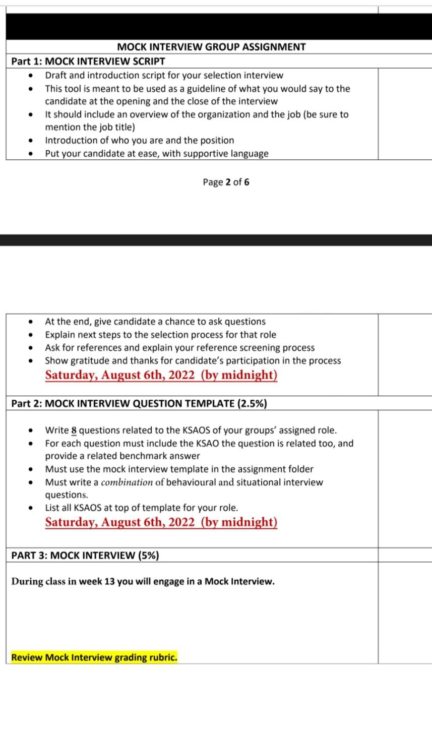 MOCK INTERVIEW GROUP ASSIGNMENT Part 1: MOCK | Chegg.com