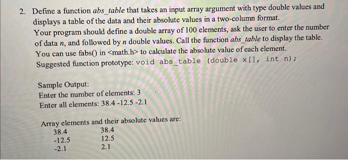 Solved 2. Define a function abs table that takes an input | Chegg.com