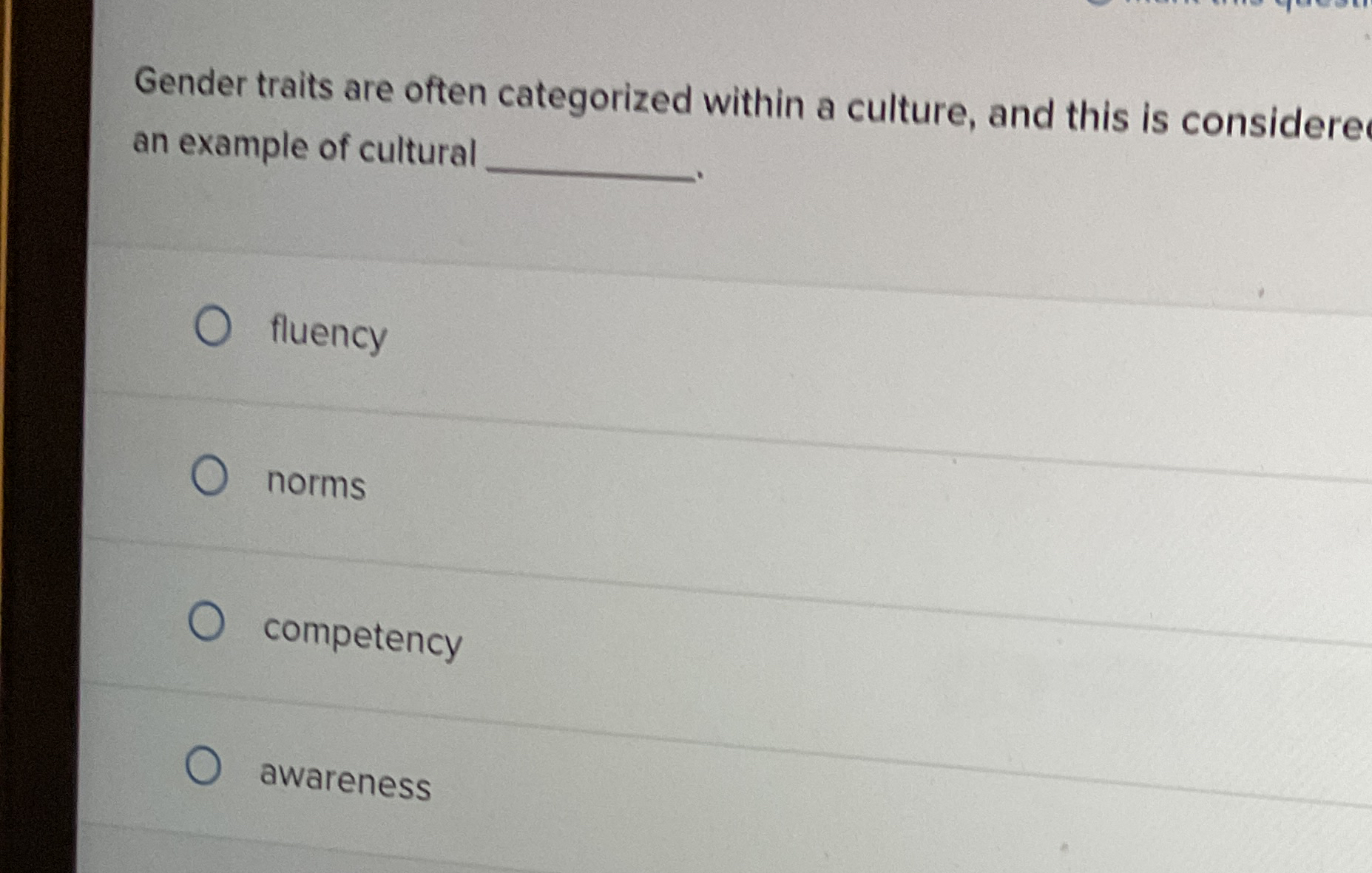 Solved Gender traits are often categorized within a culture, | Chegg.com