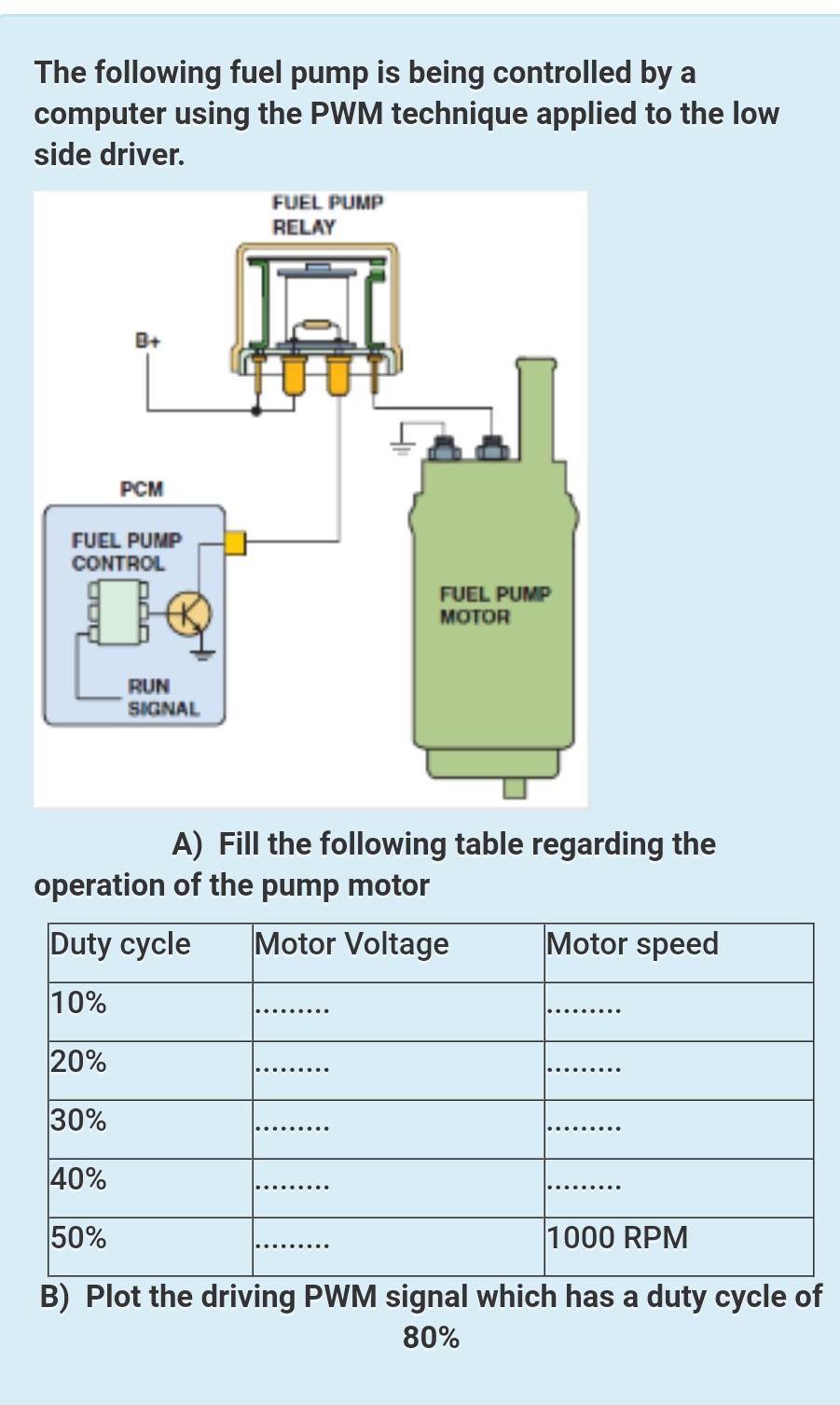 Solved The following fuel pump is being controlled by a | Chegg.com