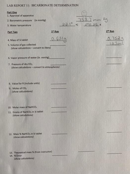 LAB REPORT 11: BICARBONATE DETERMINATION Part One 1. | Chegg.com