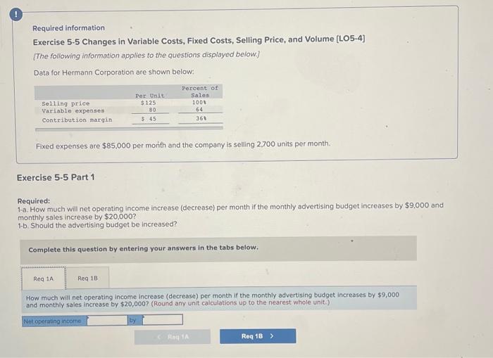 Solved Required information Exercise 5-5 Changes in Variable | Chegg.com