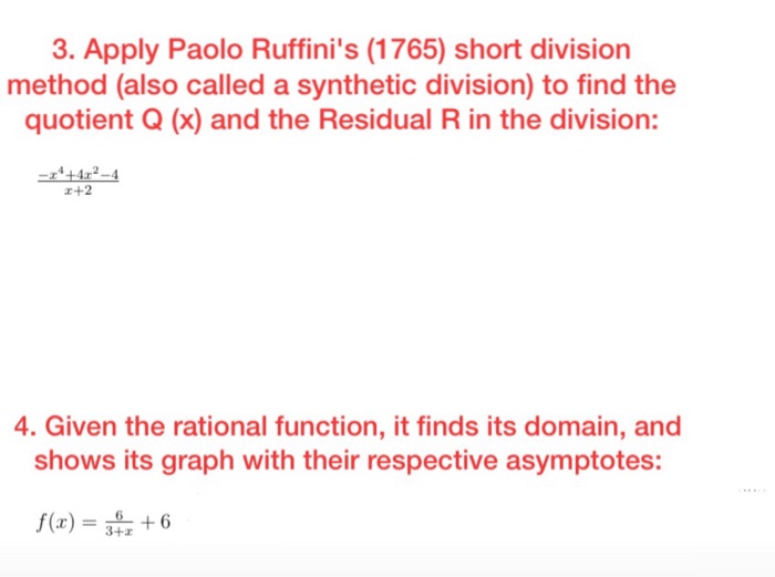 Solved 3. Apply Paolo Ruffini's (1765) short division method | Chegg.com