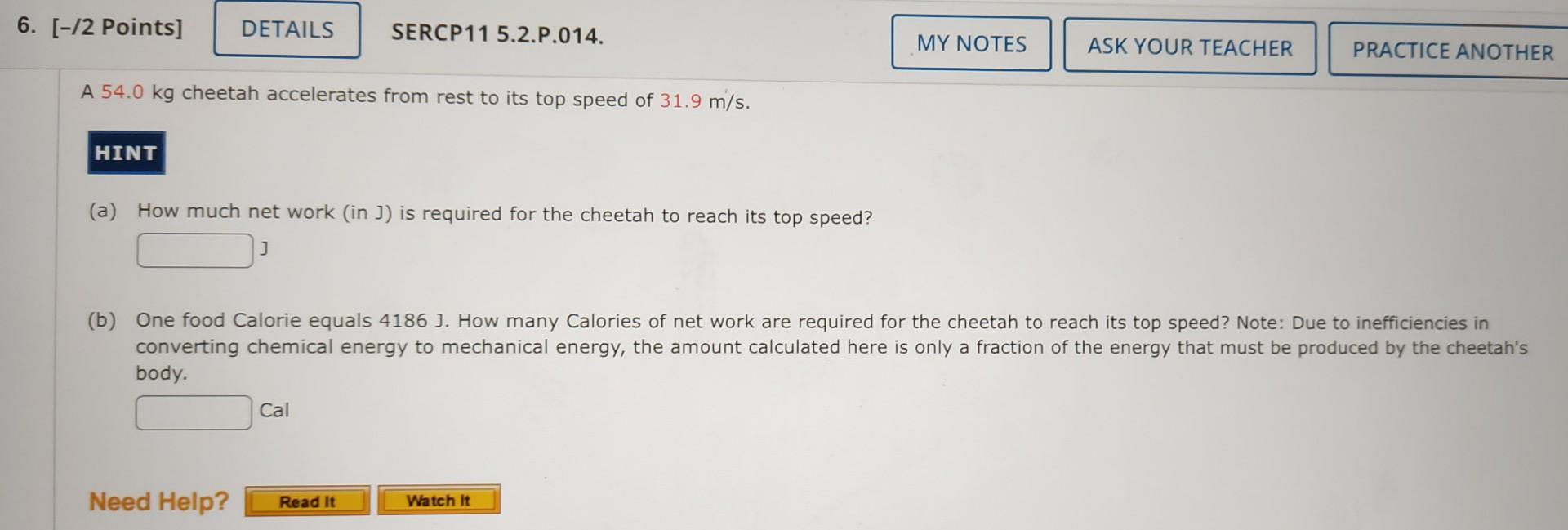 [Solved]: A 54.0kg cheetah accelerates from rest to its