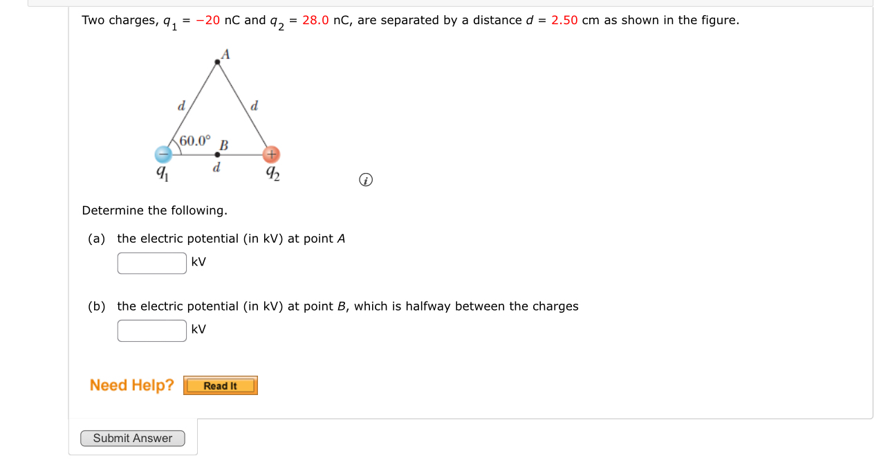 Solved Two charges, q1=-20nC ﻿and q2=28.0nC, ﻿are separated | Chegg.com