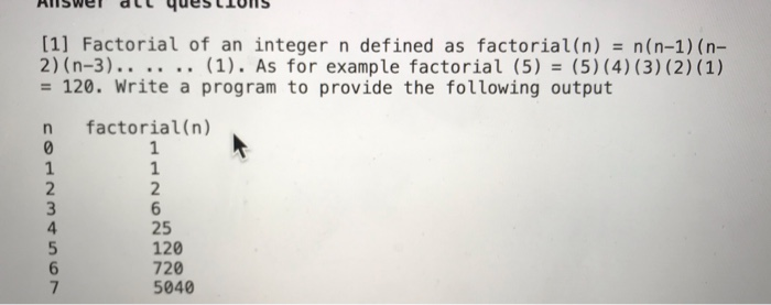 Solved n [1] Factorial of an integer n defined as | Chegg.com