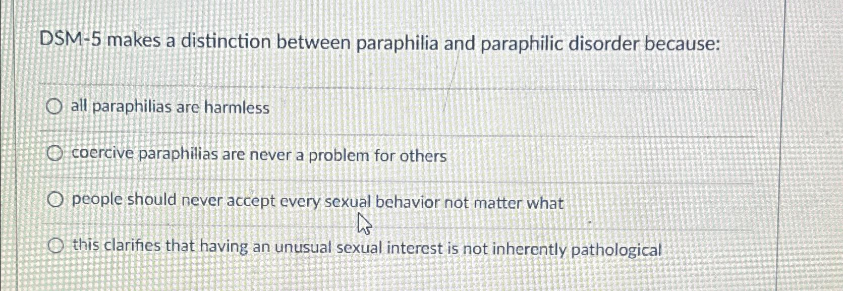 Solved DSM-5 ﻿makes a distinction between paraphilia and | Chegg.com
