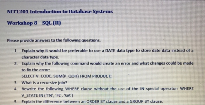 Solved NIT1201 Introduction to Database Systems Workshop | Chegg.com