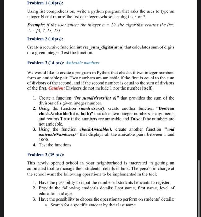 Solved Problem 1 (10pts): Using list comprehension, write a | Chegg.com