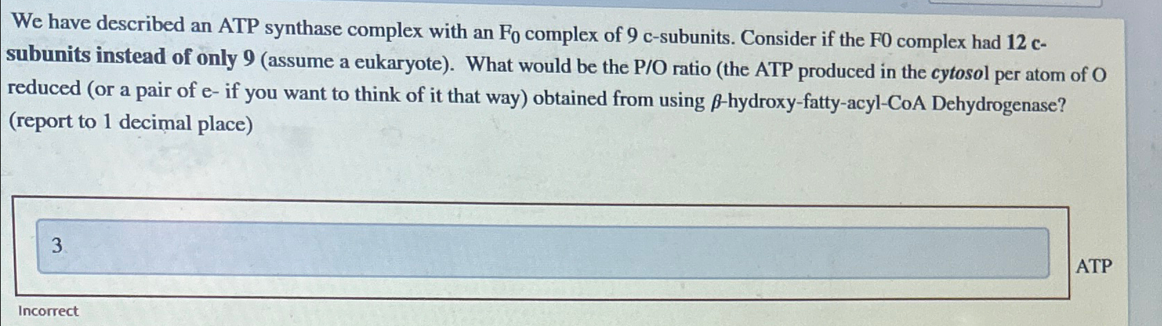 Solved We have described an ATP synthase complex with an F0 | Chegg.com