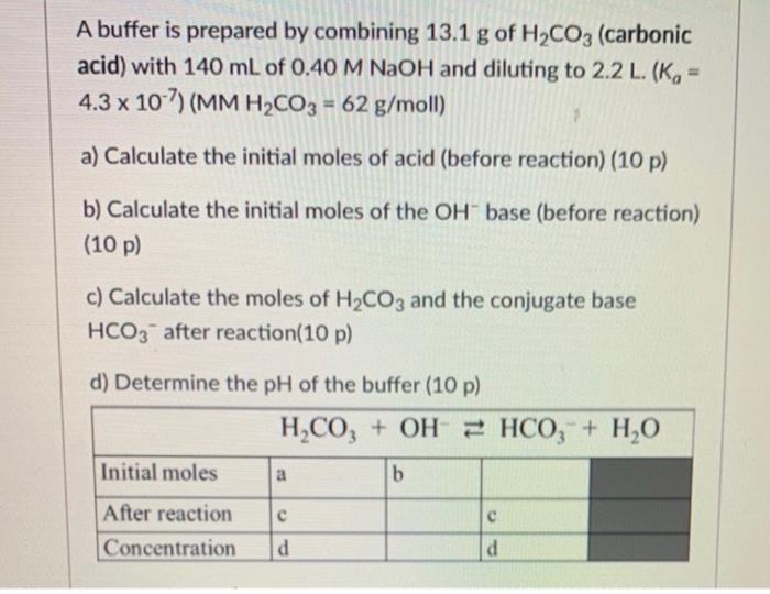 Solved A buffer is prepared by combining 13.1 g of H2CO3 | Chegg.com