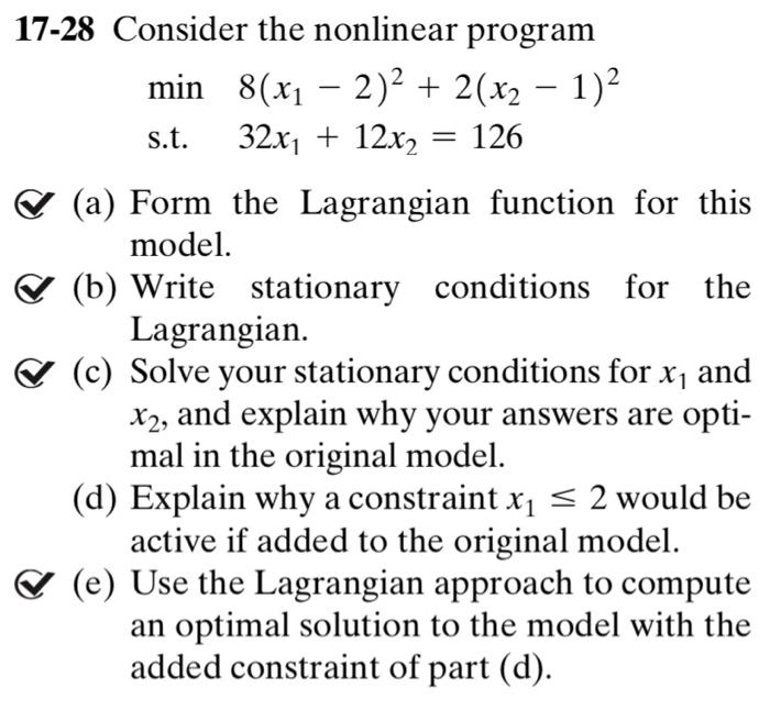 Solved s.t. 17-28 Consider the nonlinear program min 8(x1 - | Chegg.com