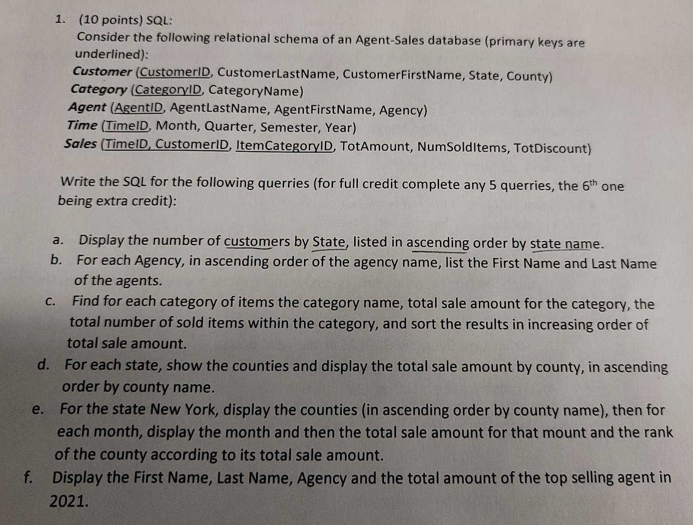 Solved 1. (10 points) SQL: Consider the following relational | Chegg.com