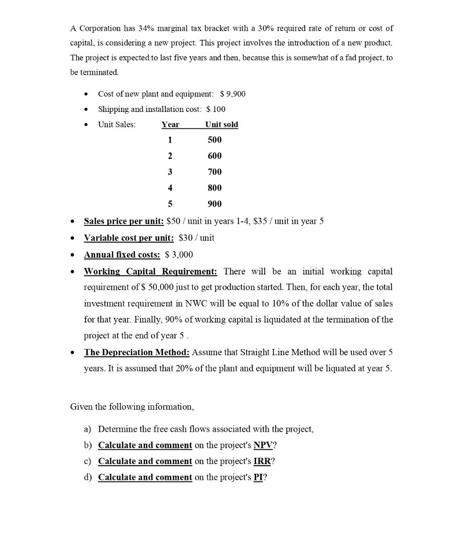 Solved A Corporation has 34% ﻿marginal tax bracket with a | Chegg.com