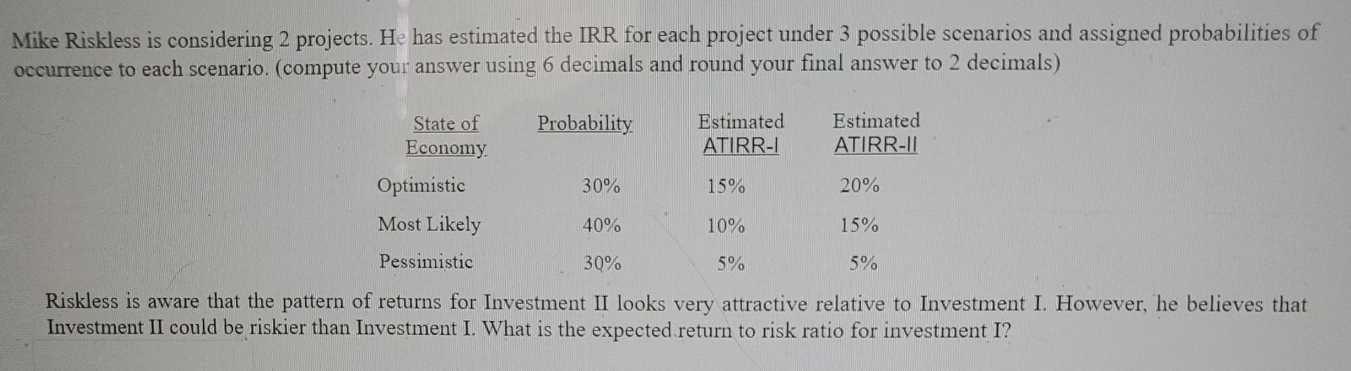 Solved Mike Riskless is considering 2 projects. He has | Chegg.com