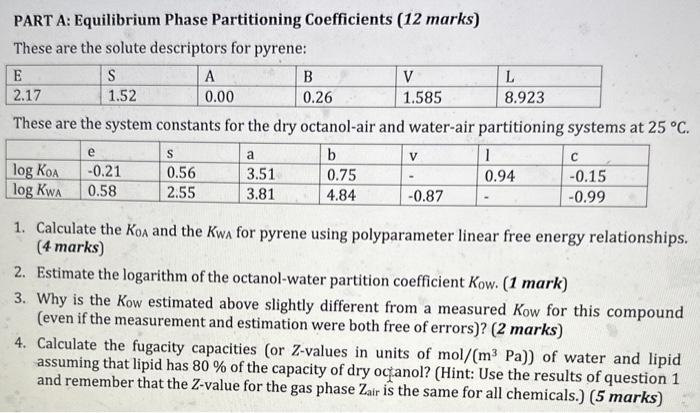 PART A: Equilibrium Phase Partitioning Coefficients | Chegg.com