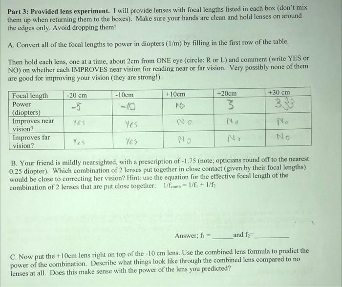 Part 3: Provided lens experiment. I will provide | Chegg.com