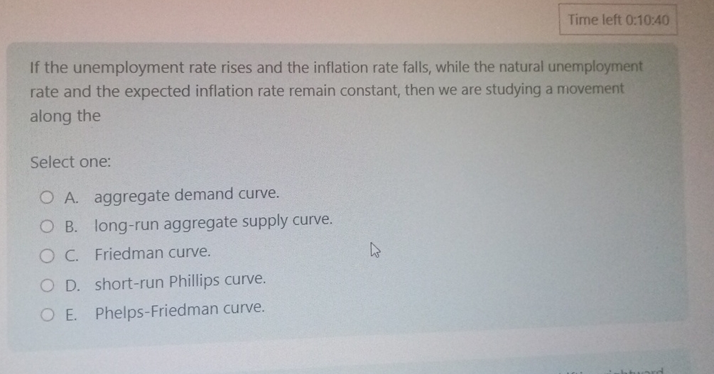 Solved Time left 0:10:40If the unemployment rate rises and | Chegg.com