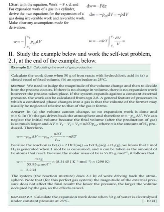 Solved I.Start with the equation, Work=Fxd, and dw=-Fdz For | Chegg.com