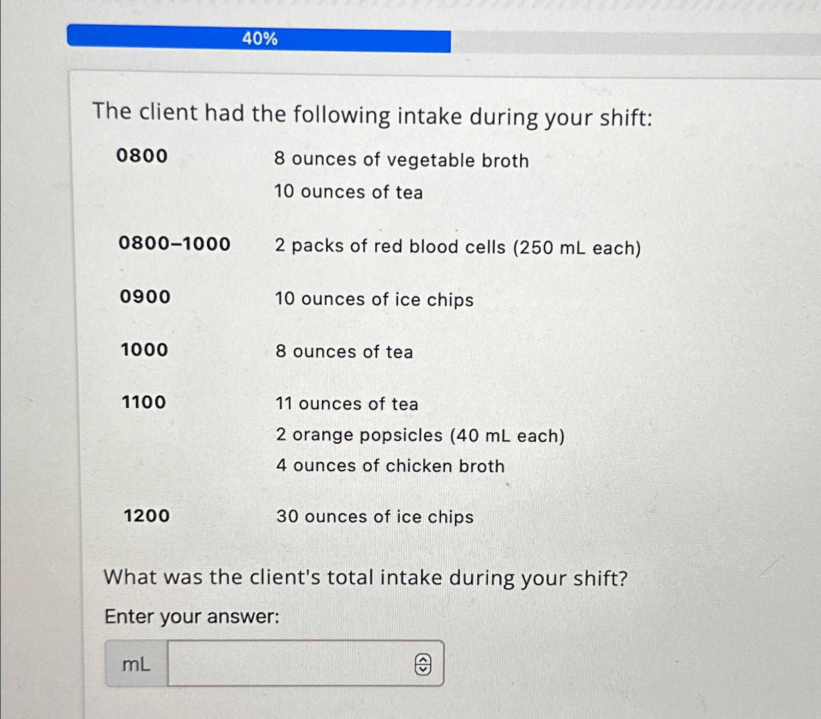 Solved 40%The client had the following intake during your | Chegg.com