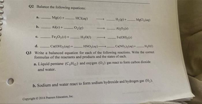 Solved Q2 Balance the following equations: a. Mg(s)+ HCl(aq) | Chegg.com