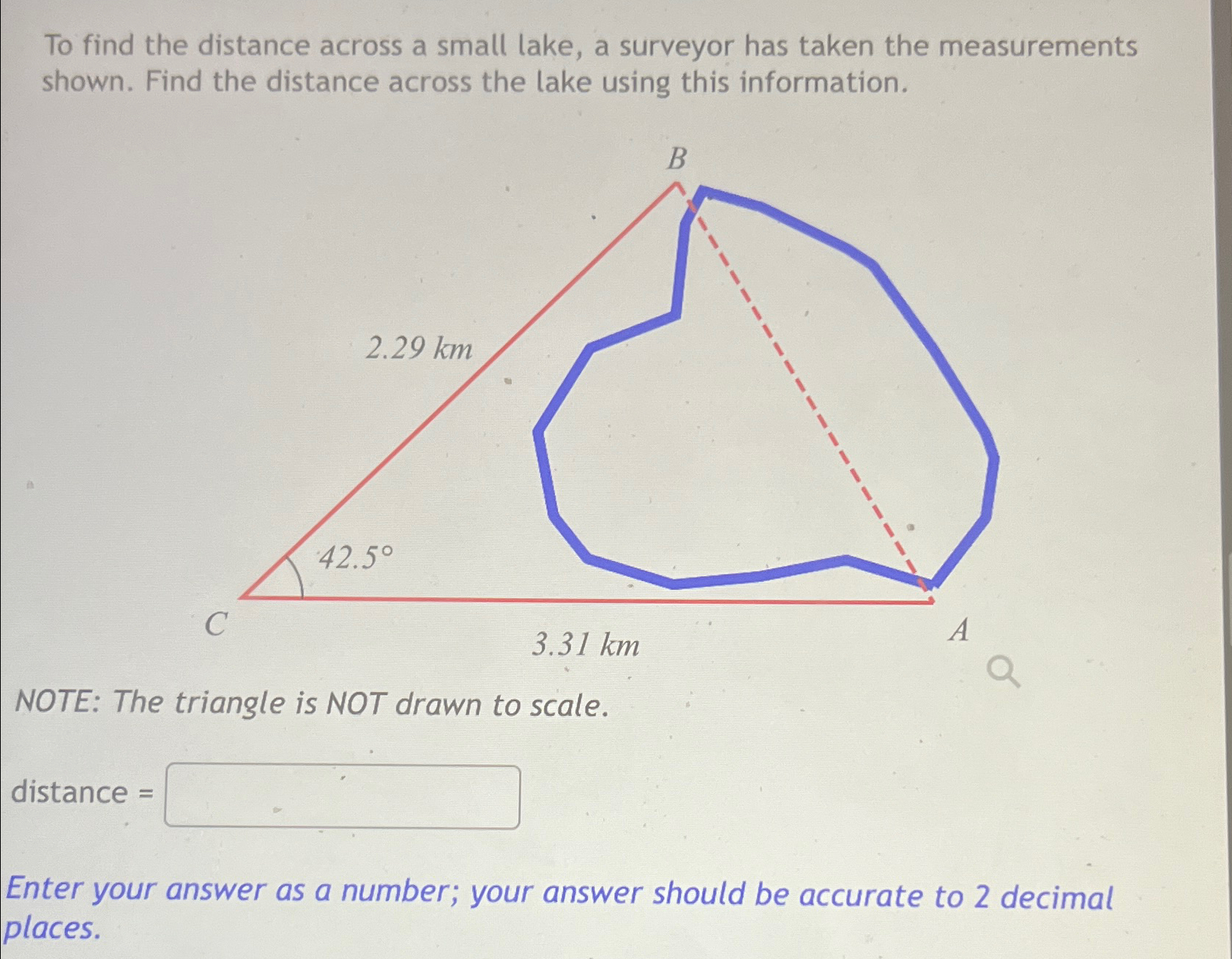 Solved To find the distance across a small lake, a surveyor | Chegg.com