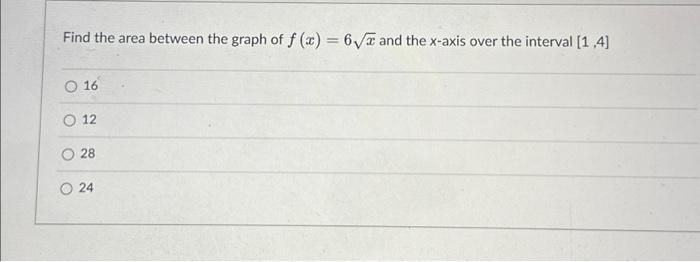 Solved Find the area between the graph of f(x) = 6√x and the | Chegg.com