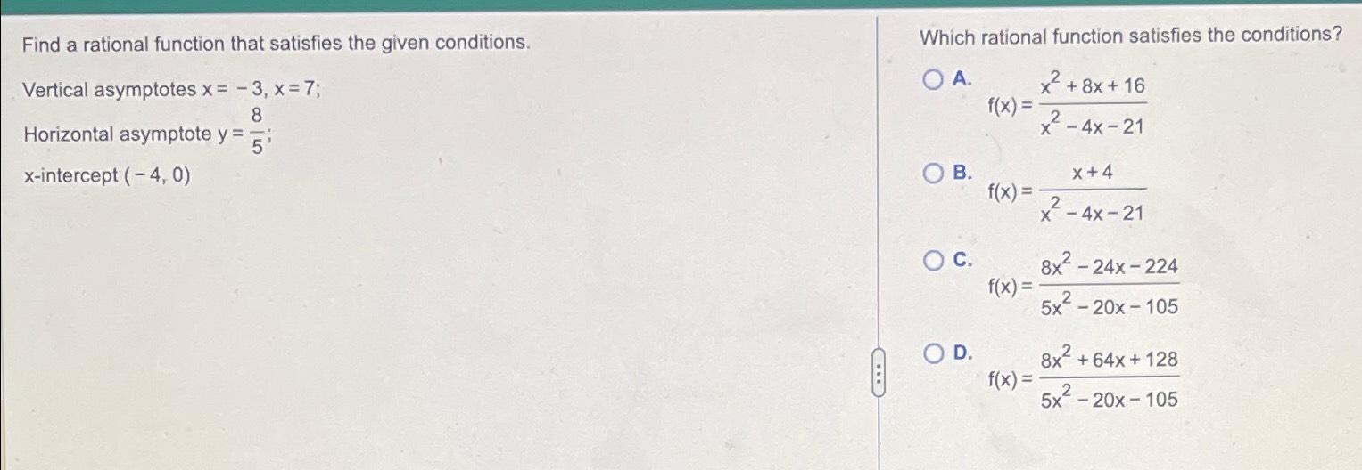 Solved Find a rational function that satisfies the given | Chegg.com