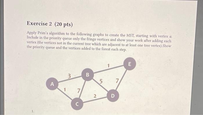 Solved Exercise 2 (20 pts) Apply Prim's algorithm to the | Chegg.com