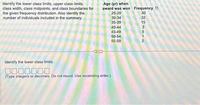 Solved Identify the lower class limits, upper class limits, | Chegg.com
