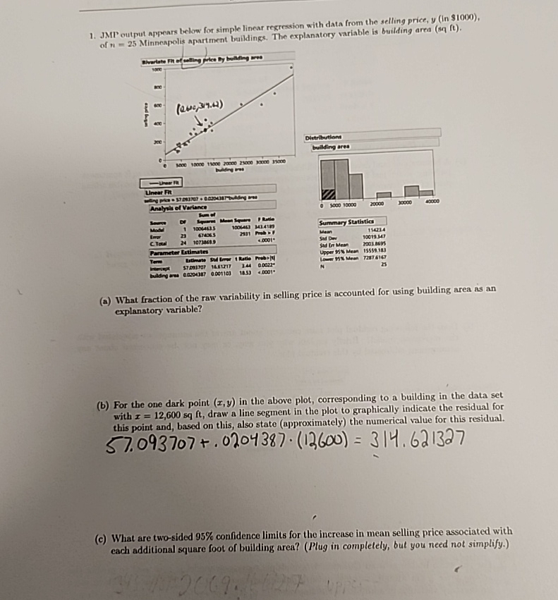 Solved JMP output appears below for simple linear regression | Chegg.com