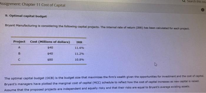Solved 9. Optimal capital budget Bryant Manufacturing is | Chegg.com