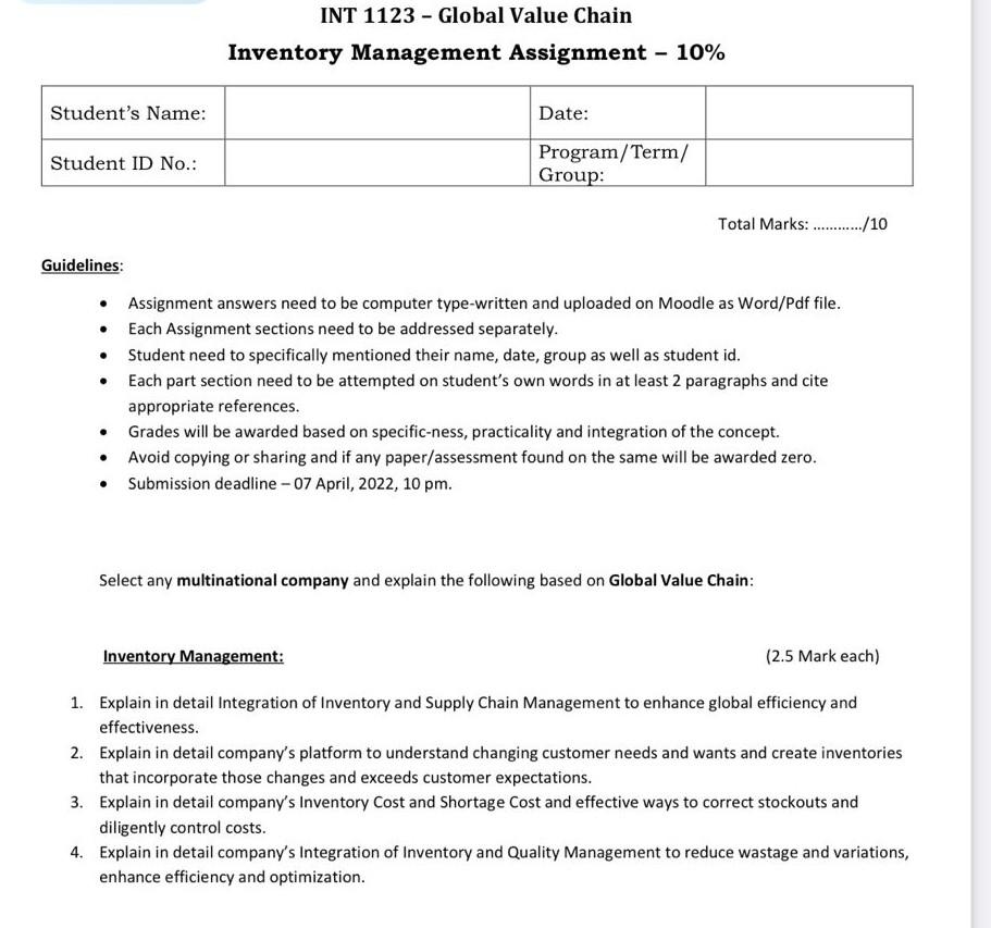 Solved INT 1123 - Global Value Chain Inventory Management | Chegg.com