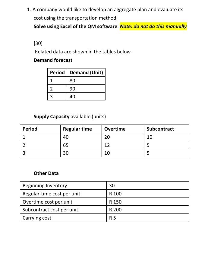 Solved 1. A company would like to develop an aggregate plan | Chegg.com