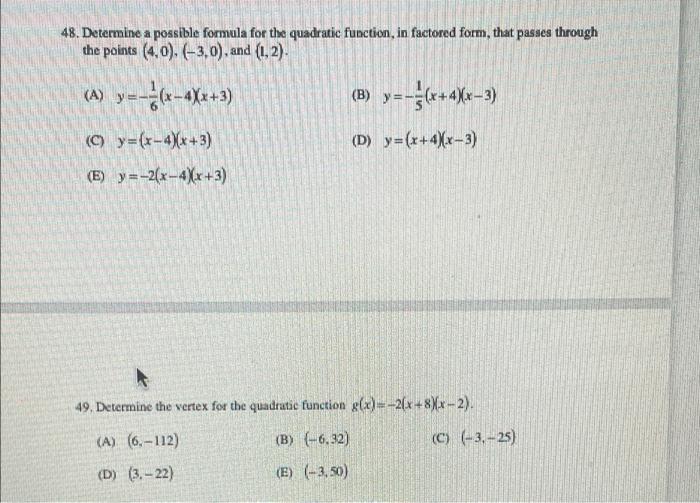 Solved 48. Determine a possible formula for the quadratic | Chegg.com