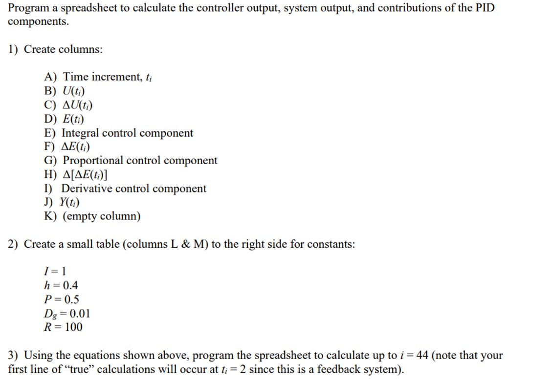 Program a spreadsheet to calculate the controller | Chegg.com