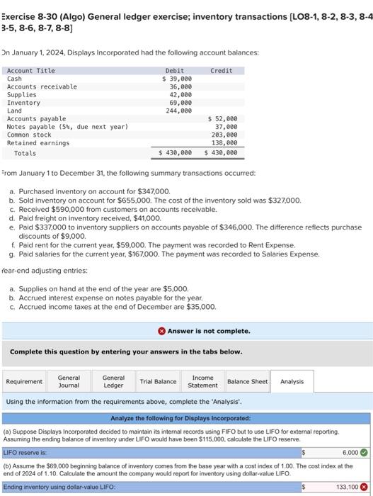 Solved Exercise 8-30 (Algo) General ledger exercise; | Chegg.com
