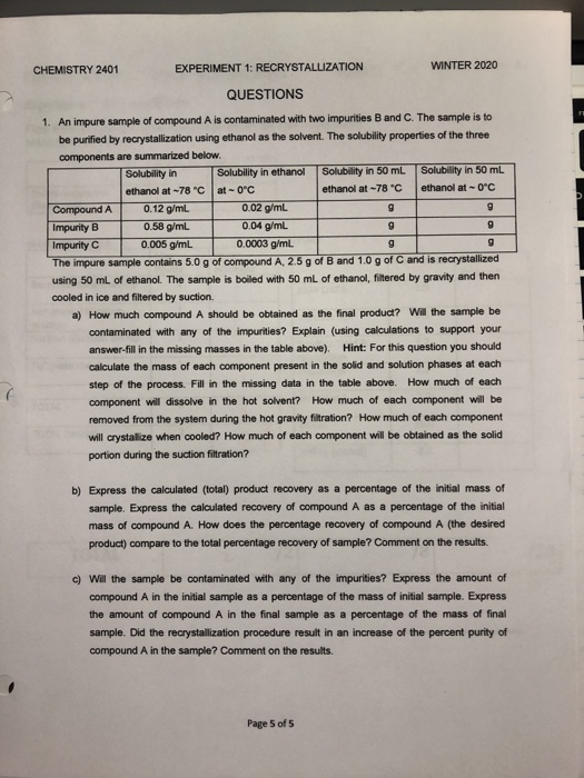 Solved CHEMISTRY 2401 EXPERIMENT 1: RECRYSTALLIZATION WINTER | Chegg.com