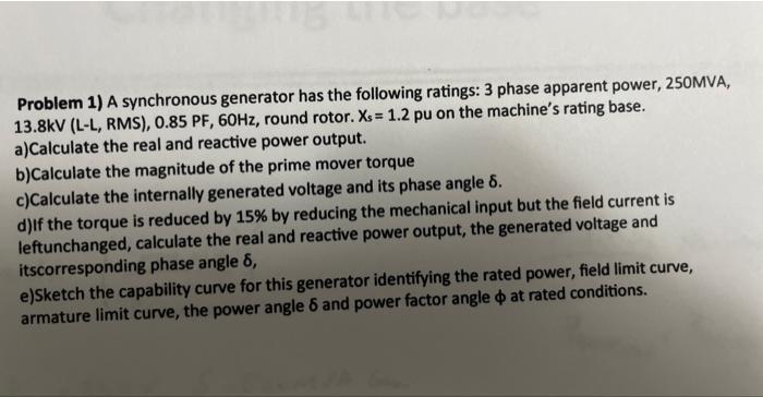 Solved Problem 1) A synchronous generator has the following | Chegg.com