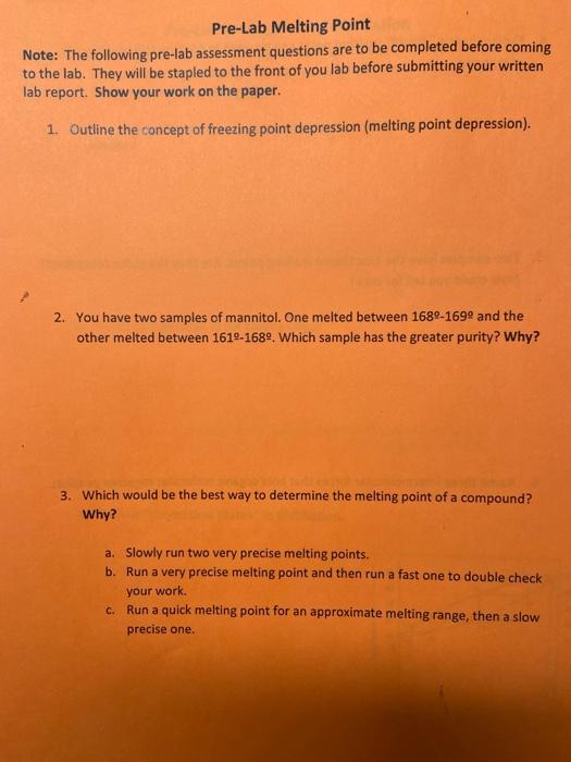 Solved Pre-Lab Melting Point Note: The following pre-lab | Chegg.com
