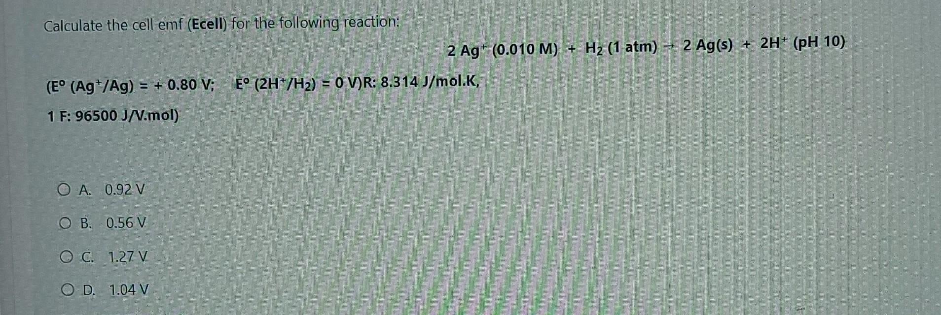 Solved Calculate the cell emf (Ecell) for the following | Chegg.com