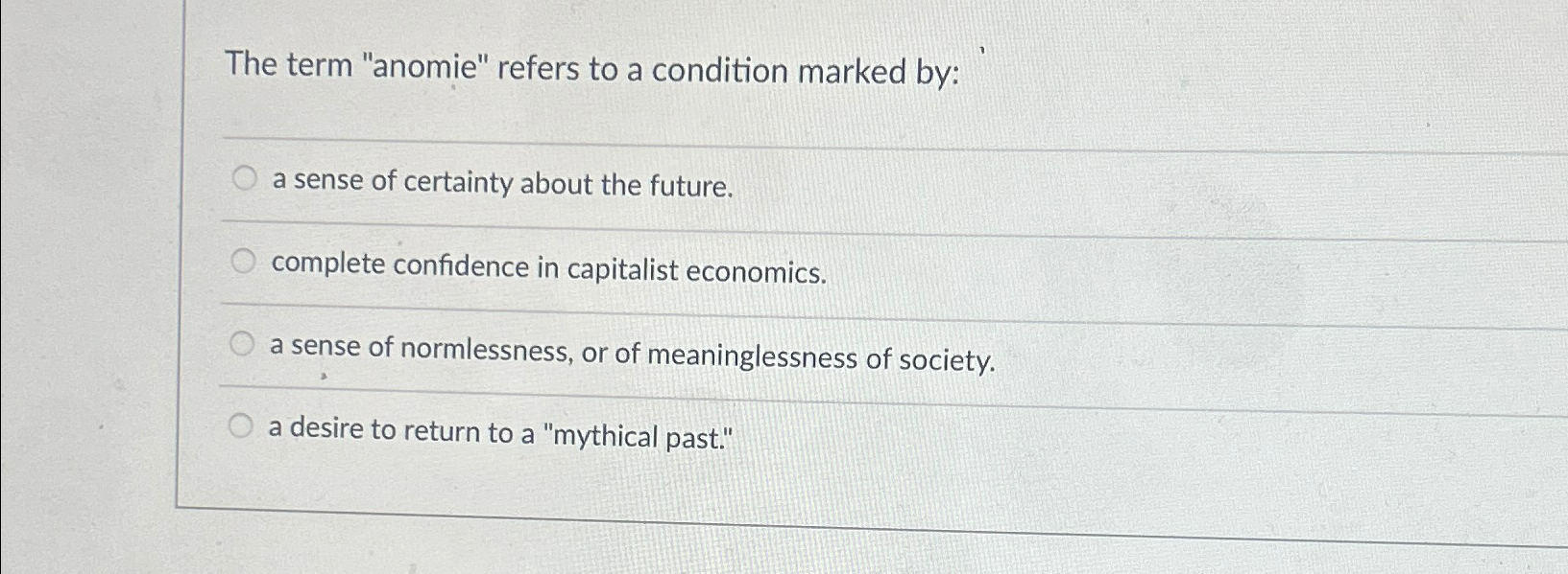 Solved The term "anomie" refers to a condition marked by:a | Chegg.com
