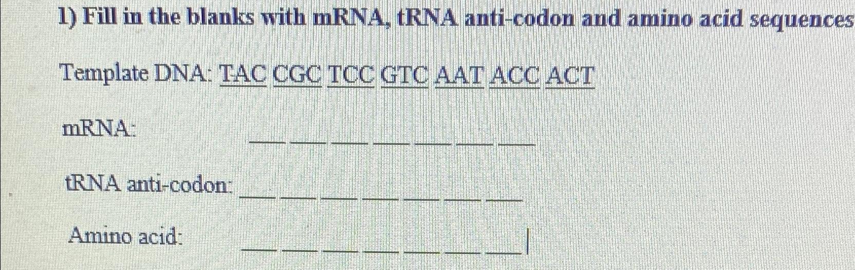 Solved Fill in the blanks with mRNA, tRNA anti-codon and | Chegg.com