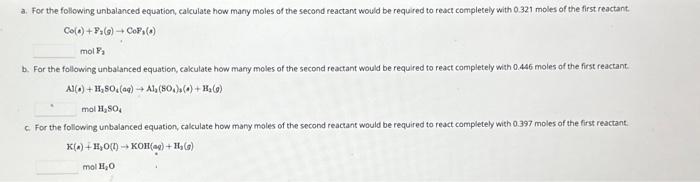 Solved a. For the following unbalanced equation, calculate | Chegg.com