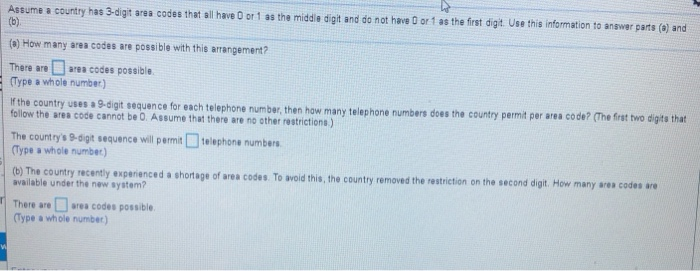 Solved Assume a country has 3-digit area codes that all have | Chegg.com