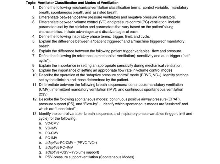 Solved Topic: Ventilator Classification and Modes of | Chegg.com