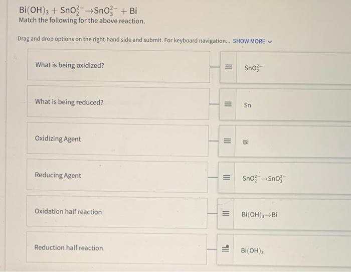 Solved Bi(OH)3+SnO22−→SnO32−+Bi Match the following for the | Chegg.com