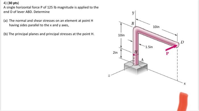 Solved y 4) (30 pts) A single horizontal force P of 125 lb | Chegg.com