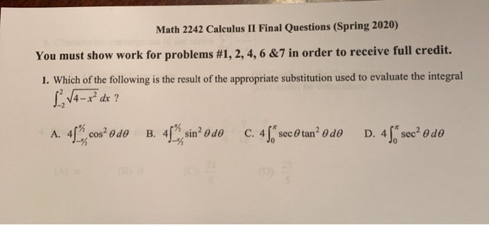 Solved Math 2242 Calculus II Final Questions (Spring 2020) | Chegg.com