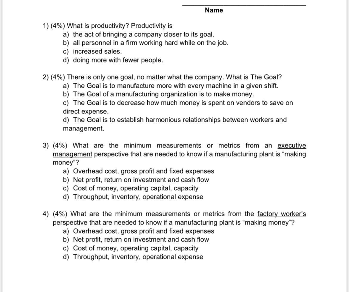 Solved Name(4%) ﻿What is productivity? Productivity isa) | Chegg.com